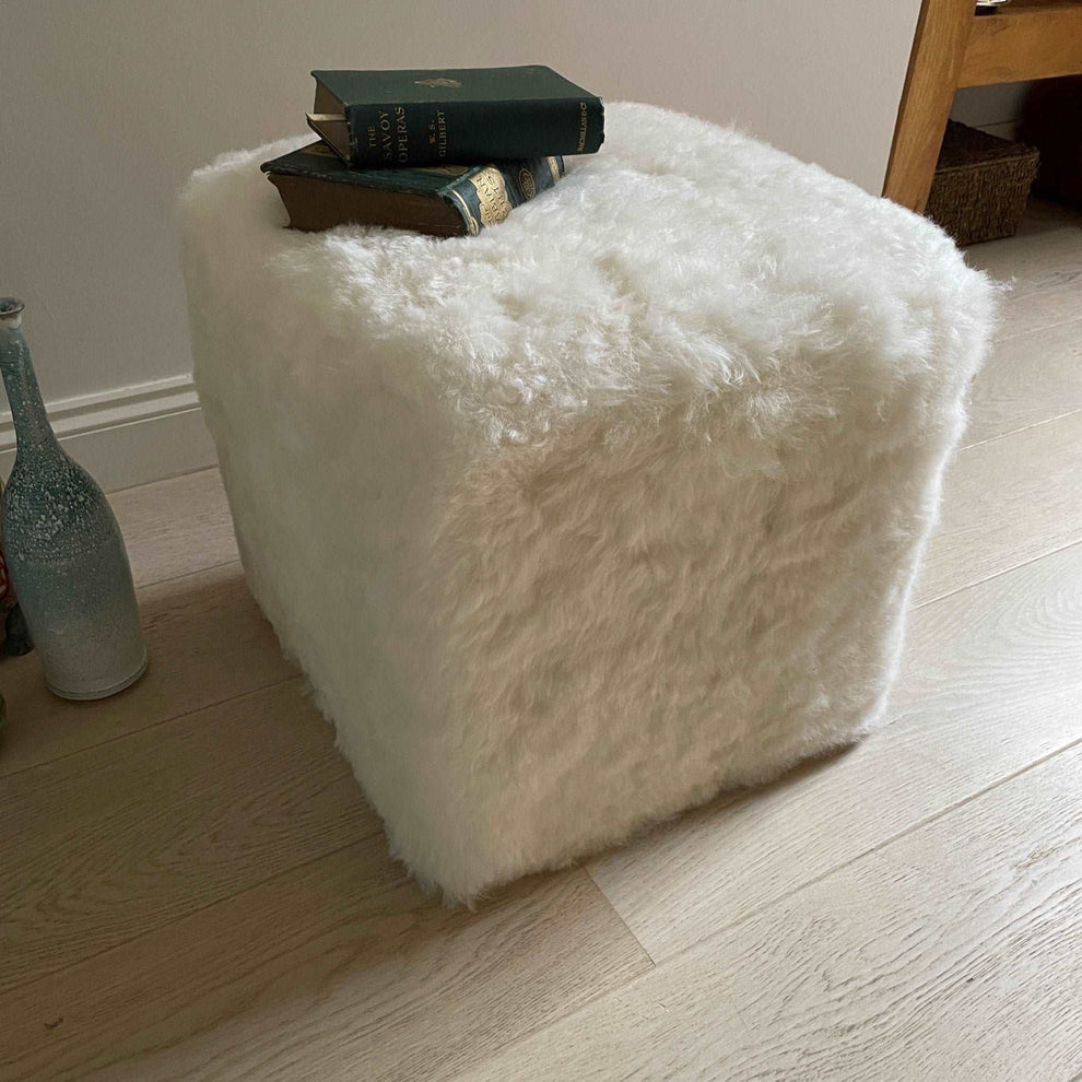 Cubist Pouffe Icelandic White Shorn Sheepskin, Sheepskin Pouffe ...